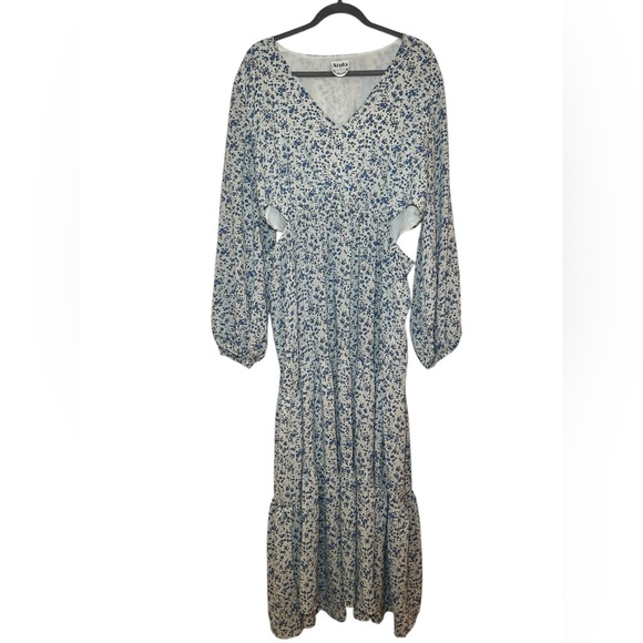 ARULA | Dresses | Arula Blue Ivory Tiered Floral Maxi Dress Cut Out ...